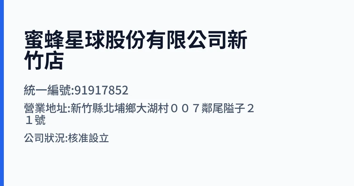 蜜蜂星球股份有限公司新竹店 - 統編 91917852(新竹縣) 公司登記資料與營業項目詳細圖表