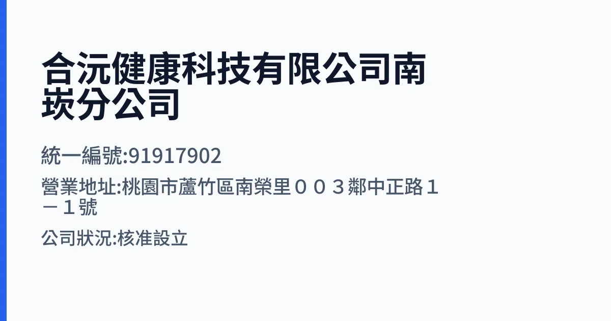 合沅健康科技有限公司南崁分公司 - 統編 91917902(桃園市) 公司登記資料與營業項目詳細圖表