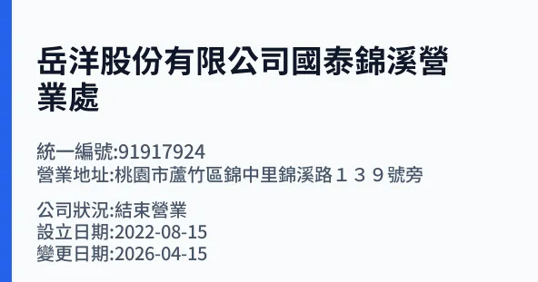 岳洋股份有限公司國泰錦溪營業處的照片-統編 91917924(桃園市) 公司登記資料與營業項目詳細圖表
