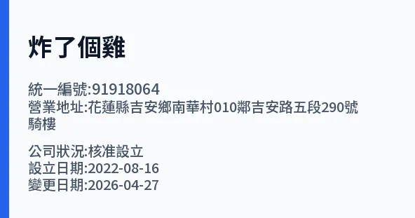 炸了個雞的照片-統編 91918064(花蓮縣) 公司登記資料與營業項目詳細圖表