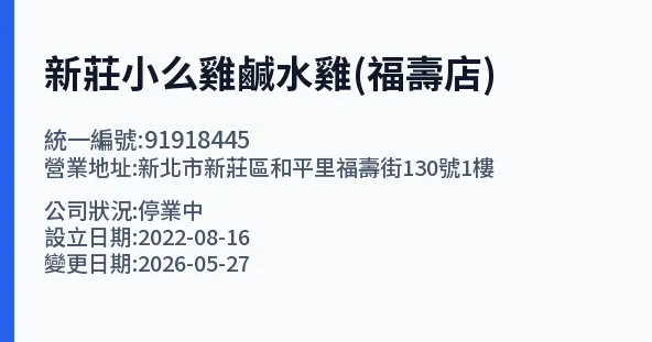 新莊小么雞鹹水雞(福壽店)的照片-統編 91918445(新北市) 公司登記資料與營業項目詳細圖表