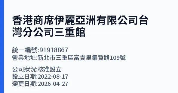 香港商席伊麗亞洲有限公司台灣分公司三重館的照片-統編 91918867(新北市) 公司登記資料與營業項目詳細圖表