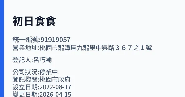 初日食食的照片-統編 91919057(桃園市) 公司登記資料與營業項目詳細圖表