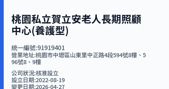 桃園私立賀立安老人長期照顧中心(養護型)的照片-統編 91919401(桃園市) 公司登記資料與營業項目詳細圖表