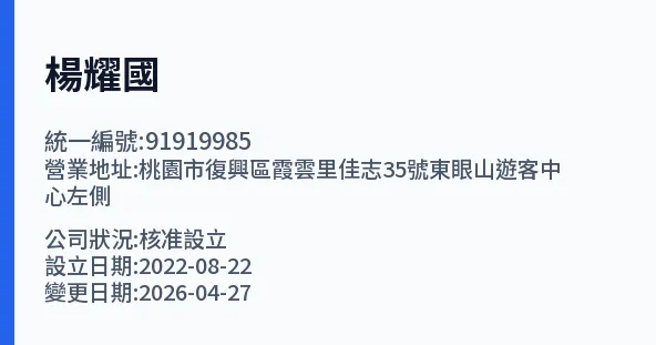 楊耀國的照片-統編 91919985(桃園市) 公司登記資料與營業項目詳細圖表