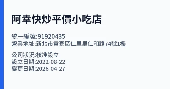 阿幸快炒平價小吃店的照片-統編 91920435(新北市) 公司登記資料與營業項目詳細圖表