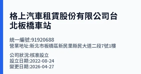 格上汽車租賃股份有限公司台北板橋車站的照片-統編 91920688(新北市) 公司登記資料與營業項目詳細圖表