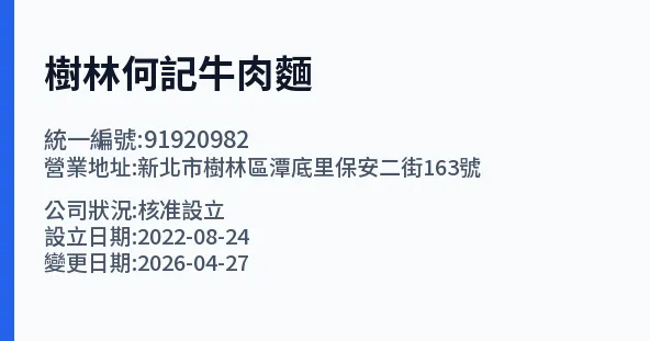 樹林何記牛肉麵的照片-統編 91920982(新北市) 公司登記資料與營業項目詳細圖表