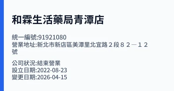 和霖生活藥局青潭店的照片-統編 91921080(新北市) 公司登記資料與營業項目詳細圖表