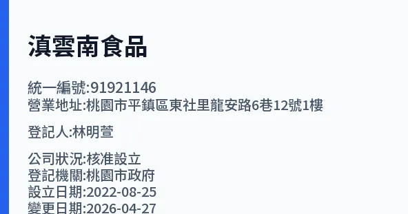 滇雲南食品的照片-統編 91921146(桃園市) 公司登記資料與營業項目詳細圖表