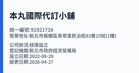 本丸國際代訂小舖的照片-統編 91921716(新北市) 公司登記資料與營業項目詳細圖表