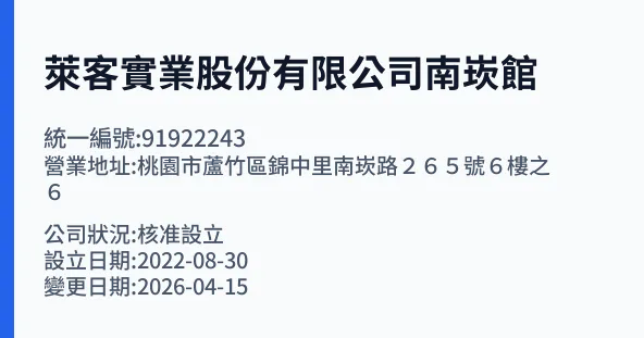 萊客實業股份有限公司南崁館的照片-統編 91922243(桃園市) 公司登記資料與營業項目詳細圖表