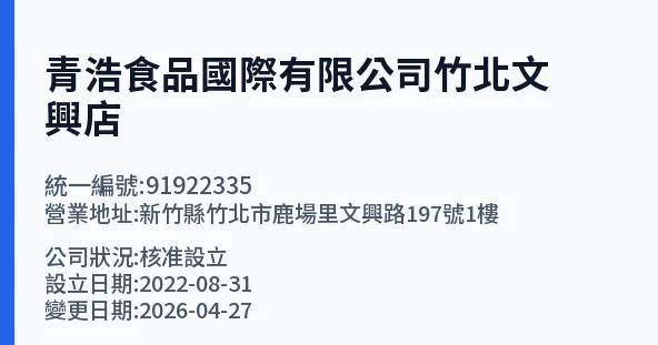 青浩食品國際有限公司竹北文興店的照片-統編 91922335(新竹縣) 公司登記資料與營業項目詳細圖表