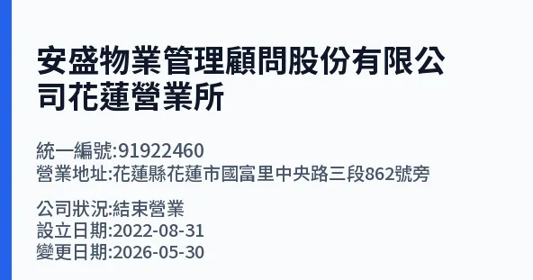 安盛物業管理顧問股份有限公司花蓮營業所的照片-統編 91922460(花蓮縣) 公司登記資料與營業項目詳細圖表