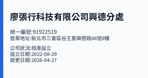 廖張行科技有限公司興德分處的照片-統編 91922519(新北市) 公司登記資料與營業項目詳細圖表