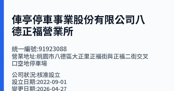 俥亭停車事業股份有限公司八德正福營業所的照片-統編 91923088(桃園市) 公司登記資料與營業項目詳細圖表