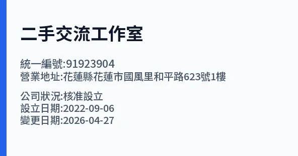 二手交流工作室的照片-統編 91923904(花蓮縣) 公司登記資料與營業項目詳細圖表