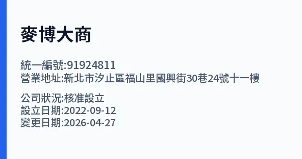 麥博大商的照片-統編 91924811(新北市) 公司登記資料與營業項目詳細圖表