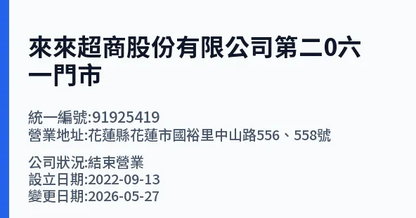 來來超商股份有限公司第二0六一門市的照片-統編 91925419(花蓮縣) 公司登記資料與營業項目詳細圖表