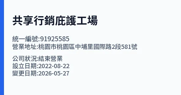 共享行銷庇護工場的照片-統編 91925585(桃園市) 公司登記資料與營業項目詳細圖表