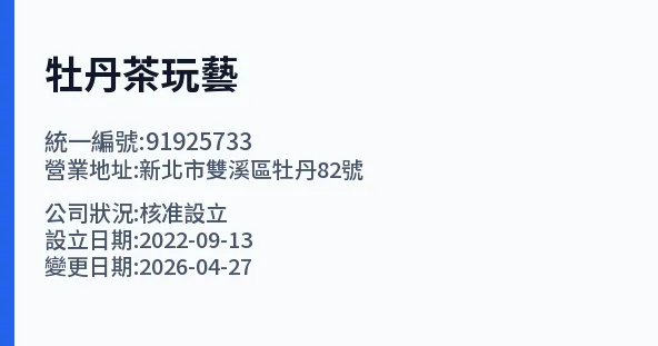 牡丹茶玩藝的照片-統編 91925733(新北市) 公司登記資料與營業項目詳細圖表