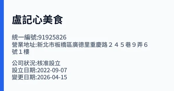 盧記心美食的照片-統編 91925826(新北市) 公司登記資料與營業項目詳細圖表