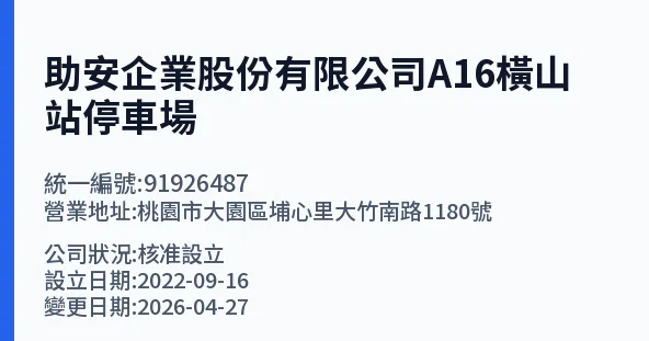 助安企業股份有限公司A16橫山站停車場的照片-統編 91926487(桃園市) 公司登記資料與營業項目詳細圖表