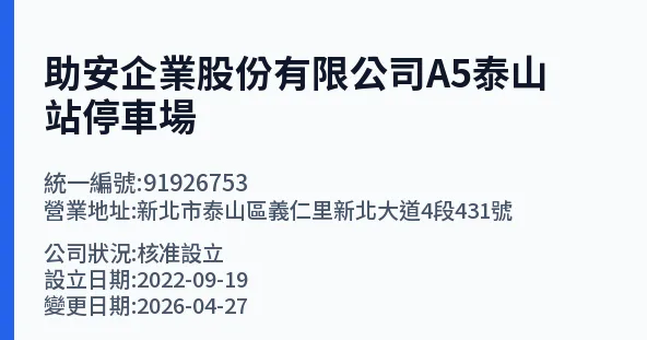 助安企業股份有限公司A5泰山站停車場的照片-統編 91926753(新北市) 公司登記資料與營業項目詳細圖表