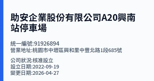 助安企業股份有限公司A20興南站停車場的照片-統編 91926894(桃園市) 公司登記資料與營業項目詳細圖表