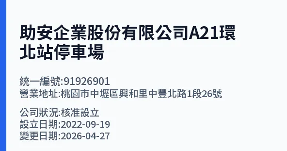 助安企業股份有限公司A21環北站停車場的照片-統編 91926901(桃園市) 公司登記資料與營業項目詳細圖表