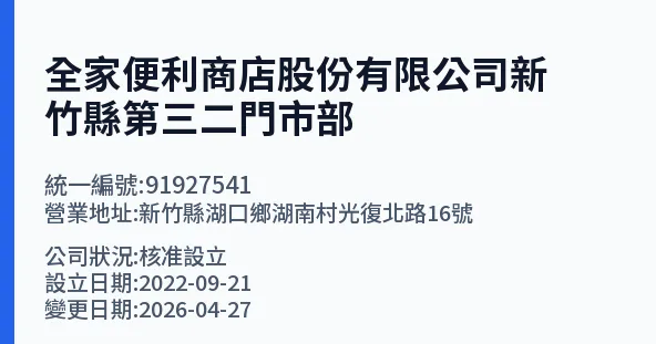 全家便利商店股份有限公司新竹縣第三二門市部的照片-統編 91927541(新竹縣) 公司登記資料與營業項目詳細圖表