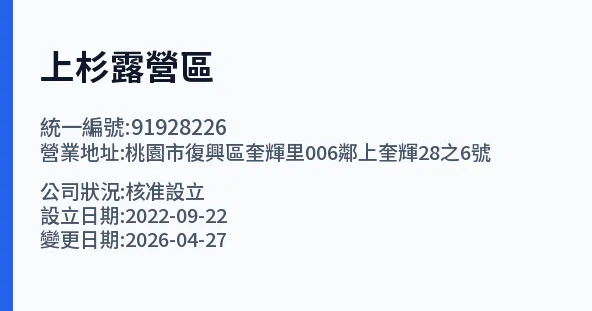 上杉露營區的照片-統編 91928226(桃園市) 公司登記資料與營業項目詳細圖表