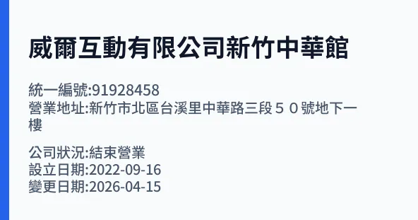 威爾互動有限公司新竹中華館的照片-統編 91928458(新竹市) 公司登記資料與營業項目詳細圖表