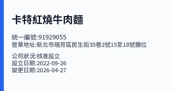 卡特紅燒牛肉麵的照片-統編 91929055(新北市) 公司登記資料與營業項目詳細圖表