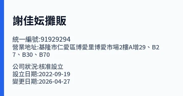 謝佳妘攤販的照片-統編 91929294(基隆市) 公司登記資料與營業項目詳細圖表