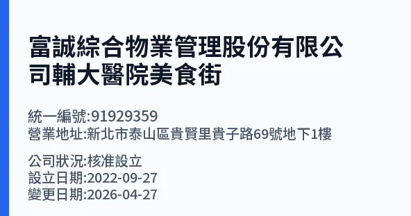 富誠綜合物業管理股份有限公司輔大醫院美食街的照片-統編 91929359(新北市) 公司登記資料與營業項目詳細圖表