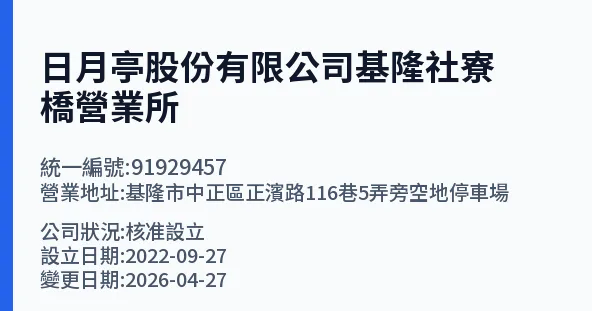 日月亭股份有限公司基隆社寮橋營業所的照片-統編 91929457(基隆市) 公司登記資料與營業項目詳細圖表