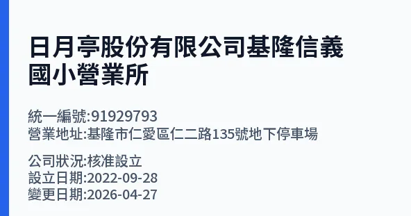 日月亭股份有限公司基隆信義國小營業所的照片-統編 91929793(基隆市) 公司登記資料與營業項目詳細圖表
