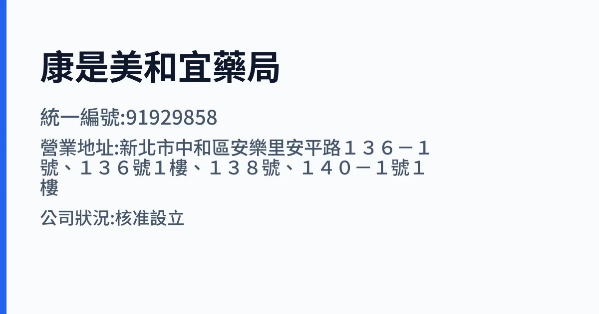 康是美和宜藥局 - 統編 91929858(新北市) 公司登記資料與營業項目詳細圖表