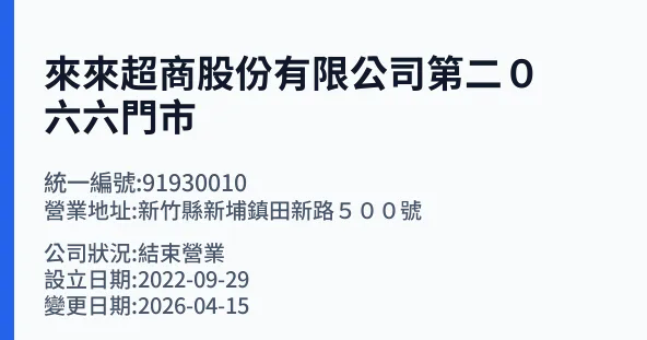 來來超商股份有限公司第二０六六門市的照片-統編 91930010(新竹縣) 公司登記資料與營業項目詳細圖表