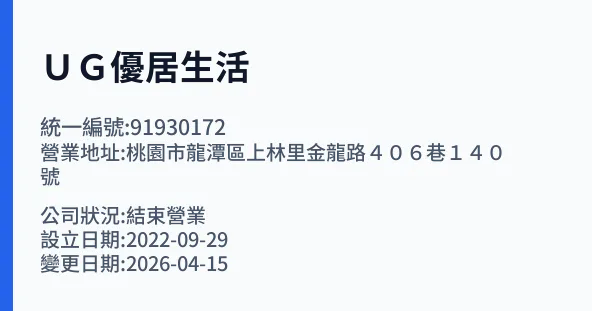 ＵＧ優居生活的照片-統編 91930172(桃園市) 公司登記資料與營業項目詳細圖表