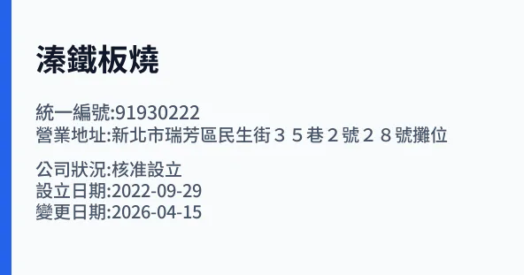 溱鐵板燒的照片-統編 91930222(新北市) 公司登記資料與營業項目詳細圖表