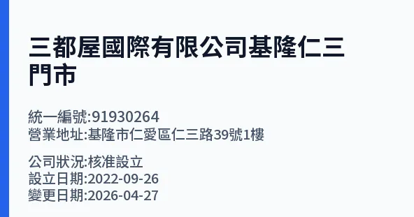三都屋國際有限公司基隆仁三門市的照片-統編 91930264(基隆市) 公司登記資料與營業項目詳細圖表