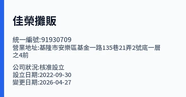 佳榮攤販的照片-統編 91930709(基隆市) 公司登記資料與營業項目詳細圖表