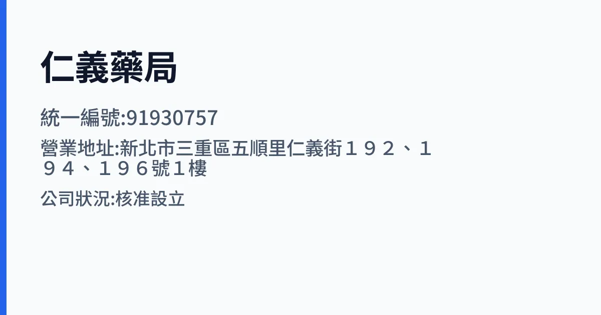 仁義藥局 - 統編 91930757(新北市) 公司登記資料與營業項目詳細圖表
