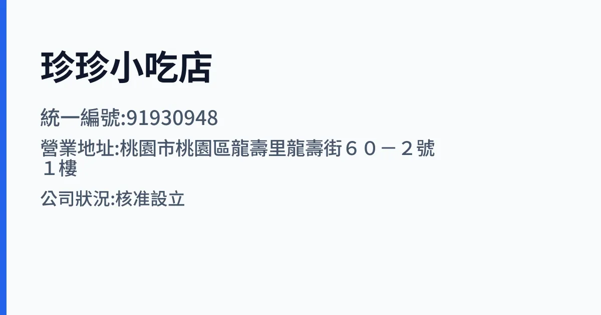 珍珍小吃店 - 統編 91930948(桃園市) 公司登記資料與營業項目詳細圖表