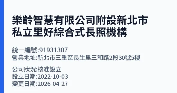 樂齡智慧有限公司附設新北市私立里好綜合式長照機構的照片-統編 91931307(新北市) 公司登記資料與營業項目詳細圖表