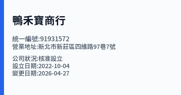 鴨禾寶商行的照片-統編 91931572(新北市) 公司登記資料與營業項目詳細圖表