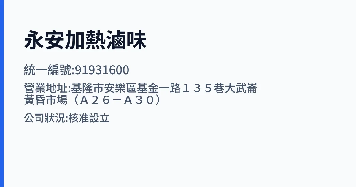 永安加熱滷味 - 統編 91931600(基隆市) 公司登記資料與營業項目詳細圖表