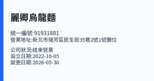 麗卿烏龍麵的照片-統編 91931881(新北市) 公司登記資料與營業項目詳細圖表